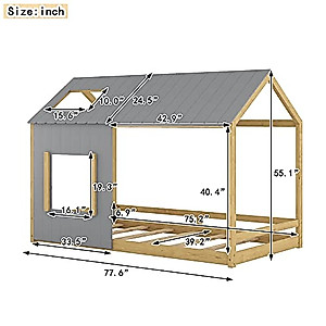 Livavege Twin Size Wooden House Bed with Roof and Window, Montessori Floor Twin Platform Bed Frame for Boys and Girls, Fun Playhouse Style w/Wooden Slats Support, No Box Spring Needed