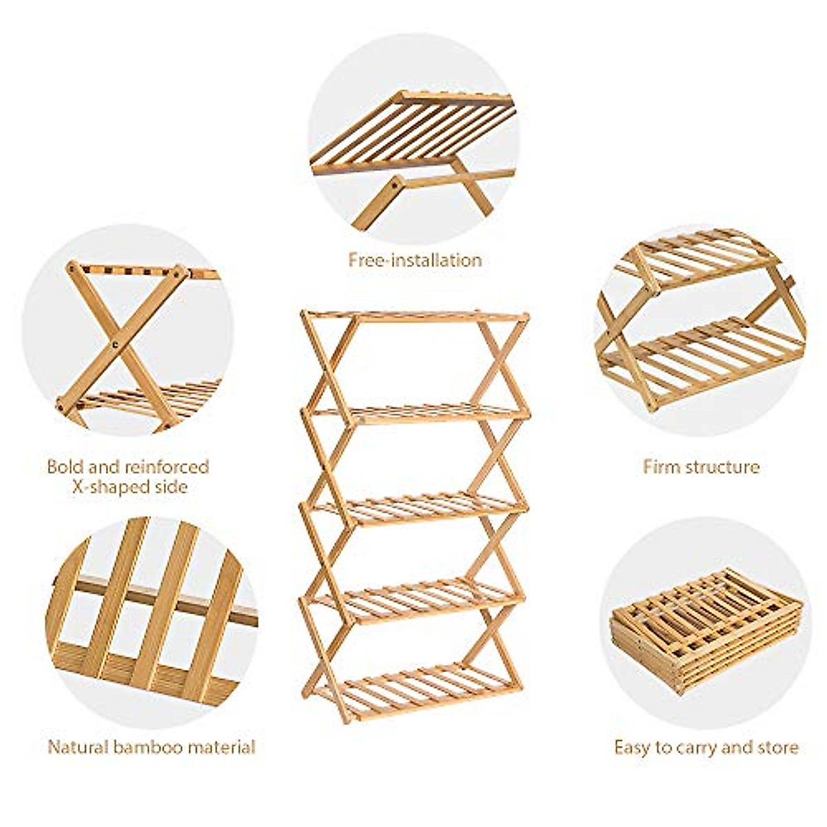 YEAKOO Multi Tier Shoe Rack, Foldable Bamboo 5 Tier Shoe Storage Organizer, Multifunctional Free Standing Shoe Shelf for Home, Entryway, Hallway, Living Room, Bedroom, Balcony (20" L x10 W)