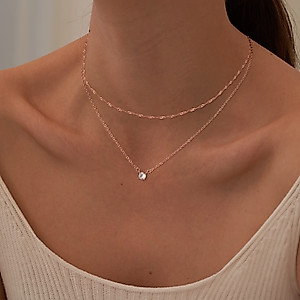 Tewiky Rose Gold Necklace, 14k Rose Gold Plated Layered Diamond Necklaces, Chain Choker Necklaces for Women CZ Solitaire Simple Rose Gold Jewelry for Womens