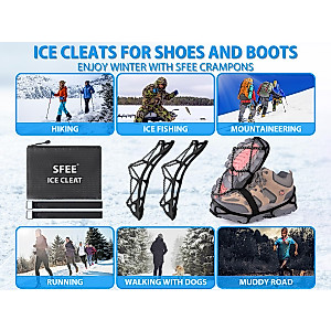 Sfee Ice Cleats Ice Grippers for Shoes and Boots, Crampons Traction Cleats for Walking on Snow and Ice Anti-Slip Flexible Footwear Snow Grips for Walking Climbing Hiking Jogging with 2 Straps