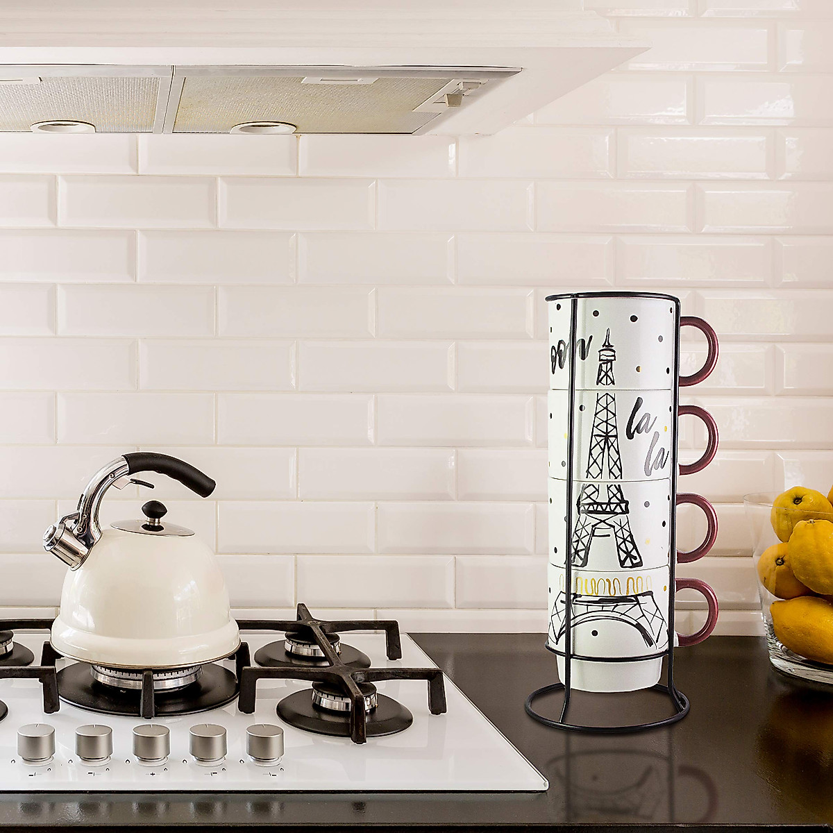 American Atelier Ceramic Mug & Rack Set – [4] 14-Ounce Cups & Standing Metal Rack for Kitchen Countertop, Tabletop, Island or Café Display – Tea & Coffee Lovers - Eiffel Tower Design