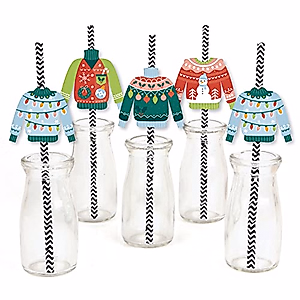 Big Dot of Happiness Colorful Christmas Sweaters - Paper Straw Decor - Ugly Sweater Holiday Party Striped Decorative Straws - Set of 24