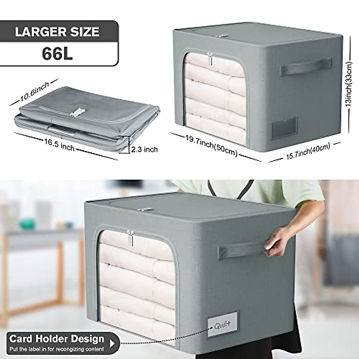 2 Pack Clothes Storage Bins, Stackable Oxford Frame Storage Box, Clothing Organizer Containers, Foldable Storage Bag for Closet, Living Room with Clear Window.(Grey,19.7*15.7*13inch,66L)