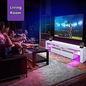 TV Stand with LED Lights for 60/65/70 Inch TV, Modern Gaming Entertainment Center, High Gloss Television Stands Media Console with Glass Shelves and 2 Drawers for Living Room, Bedroom, White