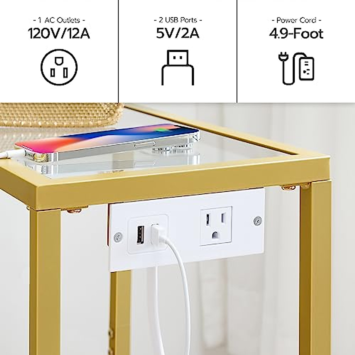HOOBRO End Tables Set of 2, Side Table with Charging Station, 2-Tier Nightstands with Storage Shelves, Small Space Bedside Table, Telephone Table, Tempered Glass, Living Room, Gold GD56UBZP201