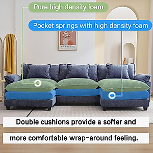 VUYUYU Sectional Sofa Comfy Cloud Couch for Living Room with Pillows, Modern Chenille Sofa Sleeper Deep Couches with Two Ottomans (Blue, 5-Seat)