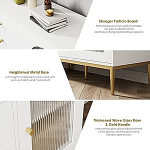 finetones White Dresser, Modern Dresser White and Gold Dresser with Waveform Glass Door and Gold Metal Legs, Gold Dresser Storage Chest of Drawers for Home