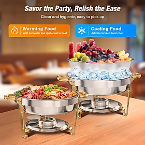 WARMOUNTS Gold Chafing Dishes for Buffet, 5QT Round Chafing Dish Buffet Set w/Glass Lid & Lid Holder, Thickened Stainless Steel Chafers and Buffet Warmers Sets for Weddings, Events, Banquet (2)
