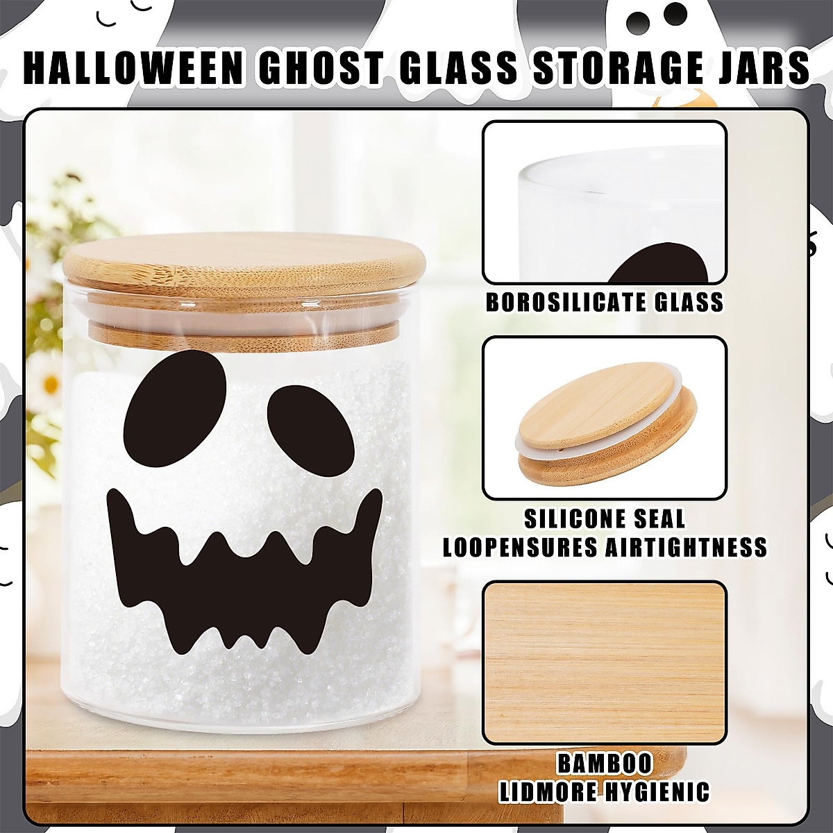 JarThenaAMCS 3Pcs Halloween Glass Storage Jars with Airtight Bamboo Lid Ghost Face Decorative Canisters Sets for Home Kitchen Countertop Decoration