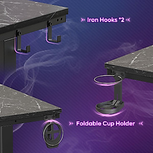 Bestier Gaming Desk with LED Lights, 42 inch Computer Desk with Monitor Stand Gamer Workstation with Cup Holder & Headset Hooks, Modern Simple Style Desk for Home Office, Black Marble