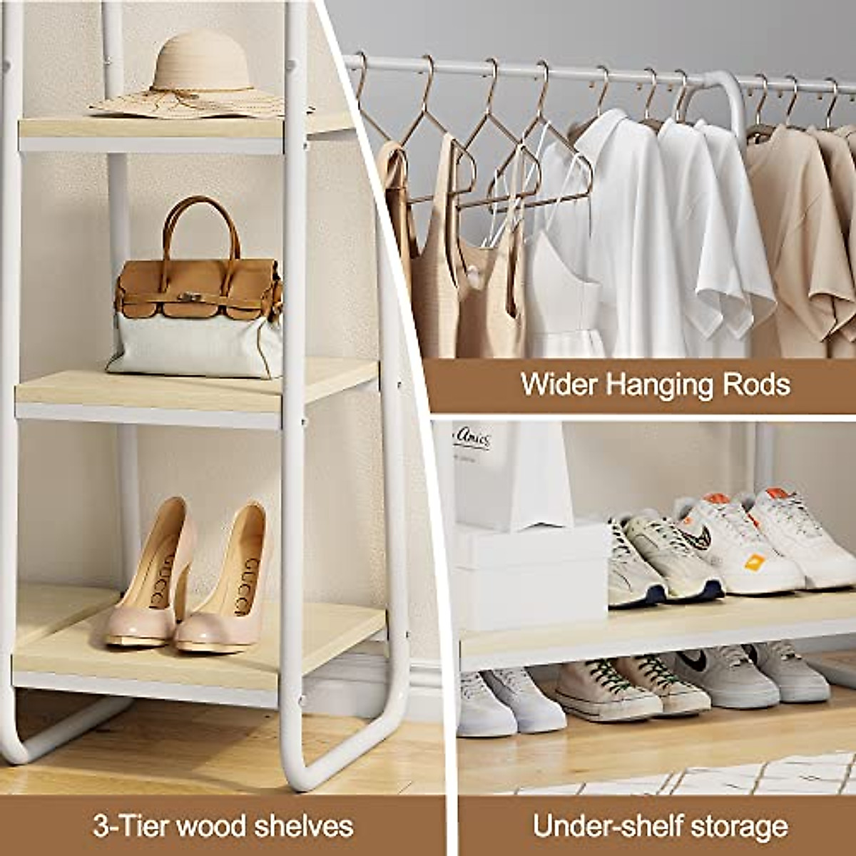 Raybee White Clothing Rack with Shelves, Heavy Duty Clothes Racks for Hanging Clothes Metal Clothing Rack Portable Wardrobe Rack Garment Rack Holds 245LBS 15.6" D x 39.9" W x 67.1" H