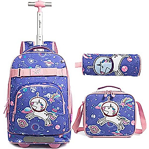 Kids Rolling Backpack for Girls, 18 Inch Wheeled Trolley School Backpack with Lunch Bag Pencil Case, 3 IN 1 Bookbag Set School Kids Trolley Travel Trip Luggage (Purple)