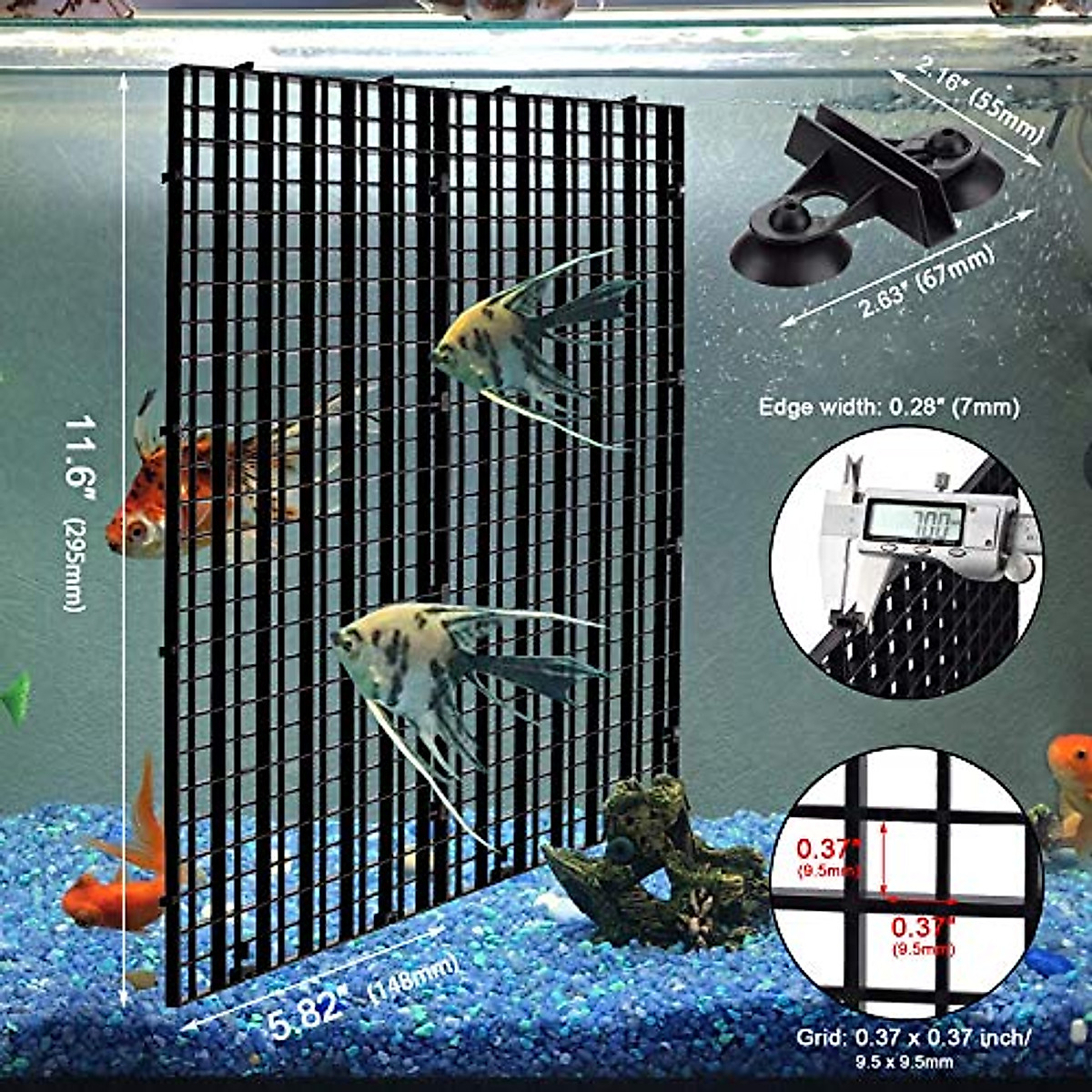 OIIKI 2PCS Egg Crate for Aquarium, Grid Tank Divider Tray, Fish Tank Bottom Isolation, with 4PCS Sucker Clip, for Mixed Breeding (Black)