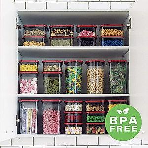 Neoflam Smart Seal Patent Airtight Kitchen Pantry Canister/Organizer Clear Plastic Container & Simple Twist, 100% Leak Proof, Dishwasher Safe, BPA Free, Dry Food Storage Set, 8pc Square, Black/Red Lid