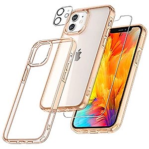 TAURI [5 in 1 for iPhone 12 Case, Non-Yellowing, with 2 Tempered Glass Screen Protectors + 2 Camera Lens Protectors, Shockproof Slim Phone Case iPhone 12, Drop Protection Rose Gold