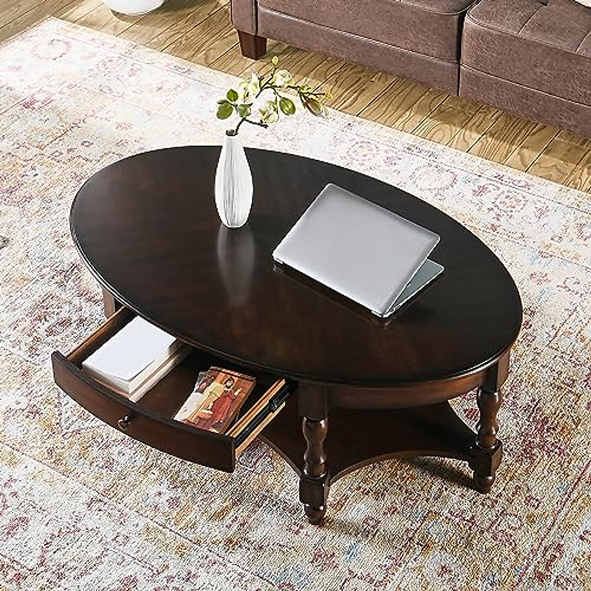 MODERION Coffee Table with Drawer, Solid Wood Oval Center Table with Storage Shelf, Traditional Living Room Table with Elegant Vintage Style, Easy Assembly, 45” x 27.6” x 18.2” Retro Walnut KFZ2233DC