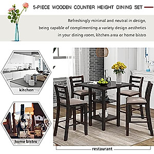 SIYAHOME Table & Chair Wooden Kitchen, Counter Height, Square 2-Tier Storage Shelving and 4 Padded Chairs, Family Fasion Furniture for Dining Room (Espresso), 5-Piece Table Set