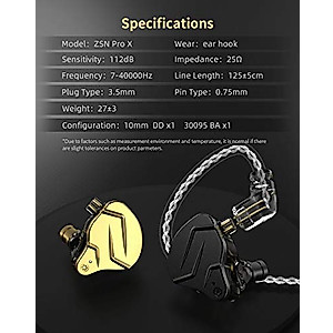 erjigo KZ ZSN PRO X Hybrid Banlance Armature with Dynamic in-Ear Earphone ERJIGO ZSNPROX 1BA+1DD HiFi Headset ZSNPRO X erabuds (Without Mic, Black)