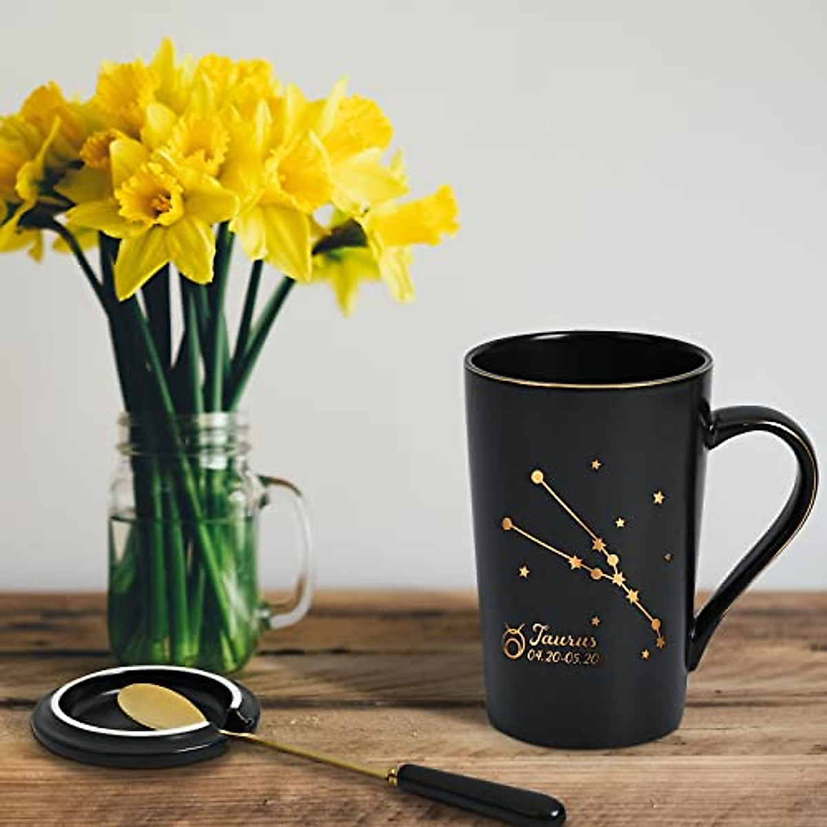 YHRJWN - Taurus Constellation Zodiac Sign Star Coffee Mug, Birthday Gift for Women, Girls, Men, Teens, 12 Horoscope Astrology Lovers, 14 Oz Black (Spoon, Lid, Gift Box)