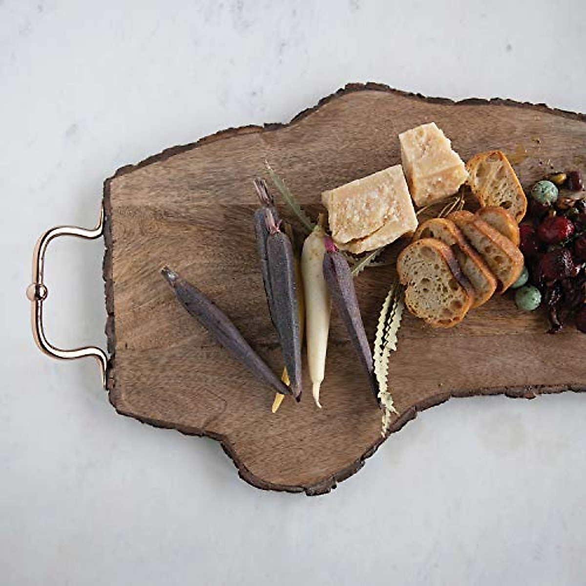 Creative Co-Op Mango Live Edge Wood Slab Serving Tray with Copper Finish Handles Cutting Board, 24" x 12.5", Natural