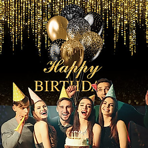 ASOONYUM 7x5ft Happy Birthday Backdrop Black Gold Glitter Bokeh Balloons Happy Birthday Banner for Women Girl 21st 40th 50th Sweet 16th Themed Birthday Party Decorations Golden Sequin Spots Background