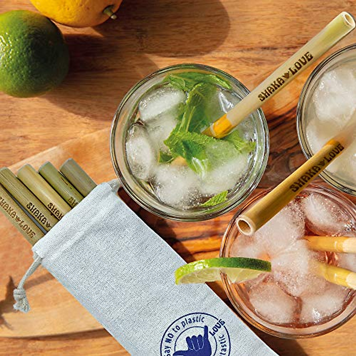 SHAKA LOVE Reusable Bamboo Drinking Straw Set 9 Inch | 100% Natural, Biodegradable, Eco, Organic | Cleaning Brush & Cotton Carry Pouch | Juice, Smoothies, Shakes, Coffee, ALOHA Cocktails | 5 Pack