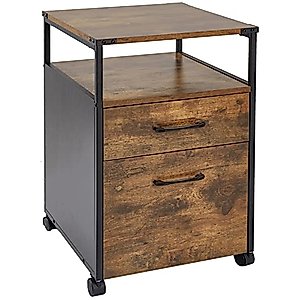 Fameill Rolling Filing Cabinet 2 Drawer File Cabinet Industrial Printer Stand for Home Office Small Under Desk Cabinet with Open Shelf,Storage Cabinet for A4, Letter Size, Rustic Brown