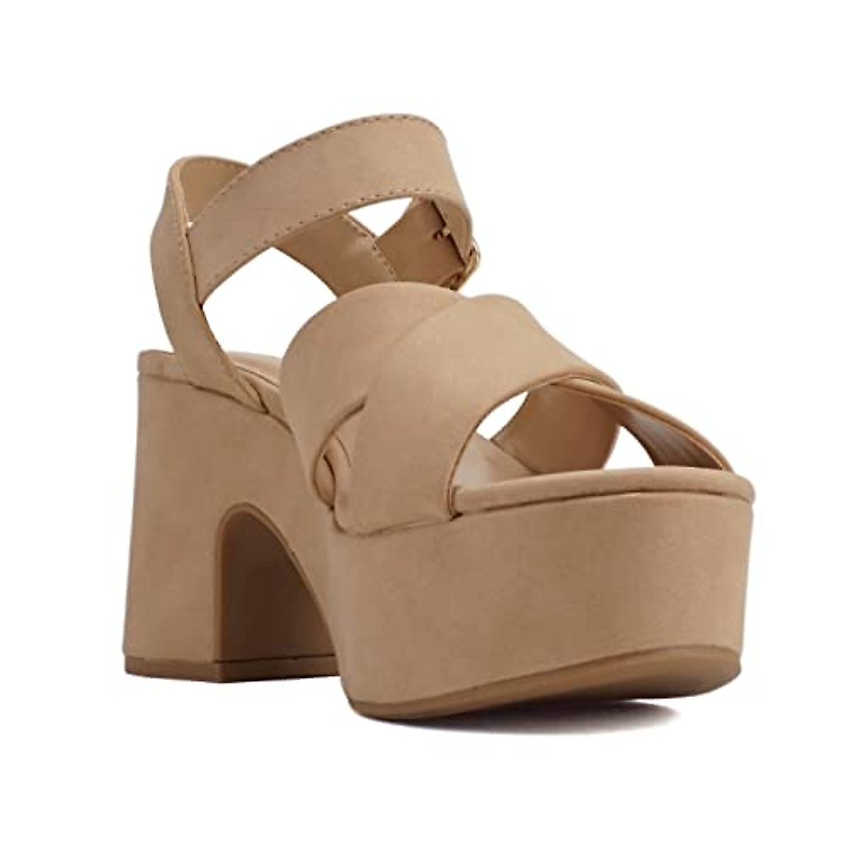 Soda “SYREN” ~ Women Open Round Toe Crisscross Band Ankle Strap Buckle High Heel Notch Wedge Sandal (Dark Nude Nubuck, us_footwear_size_system, adult, women, numeric, medium, numeric_7_point_5)