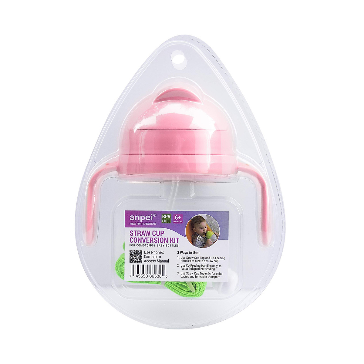 ANPEI 3-in-1 Weighted Straw Sippy Cup Conversion Kit for Comotomo Bottles | Versatile, Leak-Proof - Easy-to-Use Solution for Babies and Toddlers | Compatible with 5oz & 8oz Bottle (Pink)