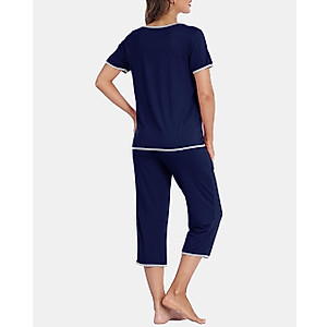JINSHI Ladies Jammies Cooling Pj's Short Sleeve And Capri Pants with Pockets for Girlfriend Womens Pajamas Summer Navy S