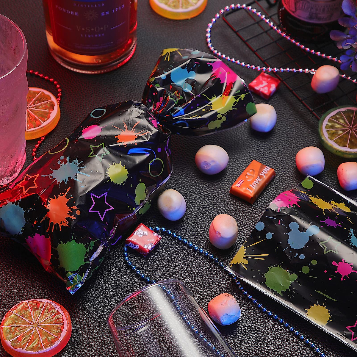 Epakh 100 Pack Neon Candy Bags Goodie Bags Plastic Colorful Treat Bags Glow in the Dark Party Supplies Favor Bags Neon Gift Wrap Bags with Silver Twist Ties for Glow Birthday Party Decor