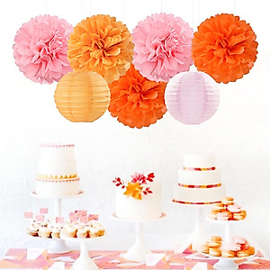 Pink-Orange Groovy Party-Decorations Paper-Flowers Lanterns - 15PCS Baby Shower Tissue Pom Poms Streamers, Fall Wedding Boho Birthday Bridal Bachelorette Sunset Hanging Supplies Decor Hugfond