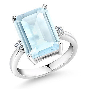 Gem Stone King 925 Sterling Silver Sky Blue Topaz and White Topaz Ring For Women (9.43 Cttw, Emerald Cut 14x10MM, Gemstone November Birthstone, Available In Size 5, 6, 7, 8, 9)