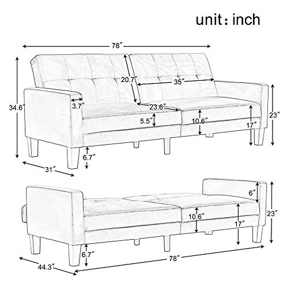 LTT Futon Sofa Bed, Futon Couch, Folding Sofa Bed Dual-Purpose Multi-Functional Sofa Bed Upholstery Fabric Living Room Sofa （Teal）