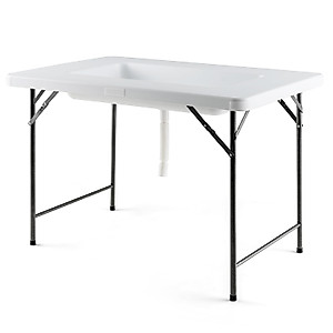 KOTEK Folding Ice Cooler Table with Drain and Skirt, Foldable Beverage Cooler Table Buffet Salad Cooler Server with Edge, Portable Chill Table for Party, Wedding, Picnic, Camping