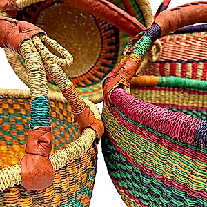 Deluxe Round Colorful African Basket - Medium 14" Round - by market women in Bolgatanga, Ghana with Africa Heartwood Project - GBMRC (Flat-packed)