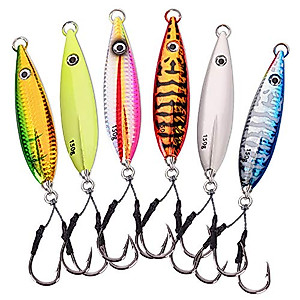Calissa Offshore Tackle Fast Fall Jig 80g 150g 250g 300LBS Assist Hooks 3/0 Butterfly - Vertical Jig Speed Lure Slow Pitch Fall Glow Options (6 Pack, 80g)