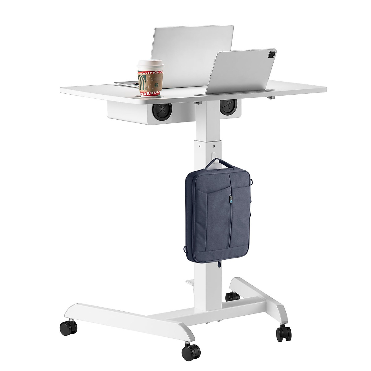 AVLT 44" Height Adjustable Foot Pedal Rolling Desk with Shelf (3 ft 8 inches) - Pneumatic Laptop Standing Desk Cart - Mobile Laptop Cart - White Computer Projector Cart with Brake Casters