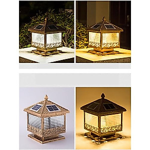 LED Outdoor Solar Post Light Square European Retro Waterproof Column Lights Square Remote Control 3-Color Dimming Pillar Lantern Acrylic Striped Lamp Shade Bronze Doorway Pole Light