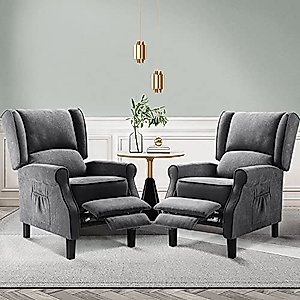 LEISLAND Wingback Recliner Chair for Living Room Fabric Lazyboy Push Back Chair with Heat and Massage, Tufted Armchair with Padded Seat,Grey(Set of 2)