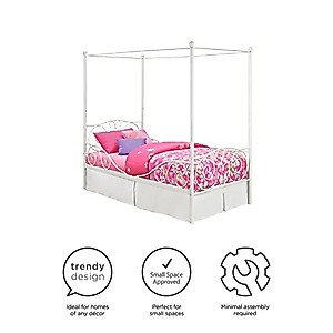 DHP Metal Canopy Kids Platform Bed with Four Poster Design, Scrollwork Headboard and Footboard, Underbed Storage Space, No Box Sring Needed, Twin, White