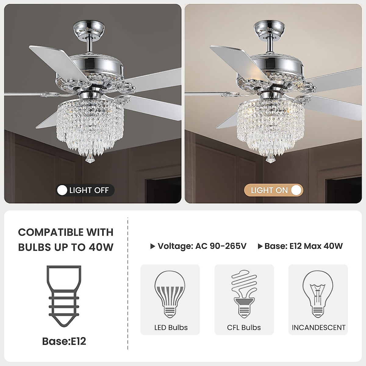Moooni 52 Inch Modern Crystal Ceiling Fan with Lights and Remote, Elegant Chandelier Fan Light KIt Fandelier with 5 Wooden Blades for Bedroom Living Room Silver