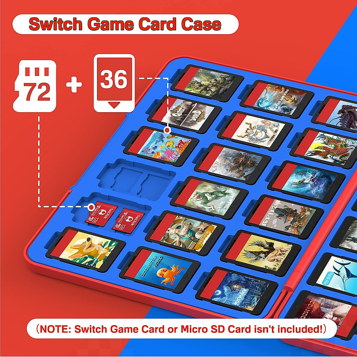 CYKOARMOR Switch Game Case for Nintendo Switch/OLED/Lite, Switch Game Holder with 36 Games Storage and 72 Memory Cartridge Slots, Portable Switch Game Card Case with Magnetic Closure, Red Blue