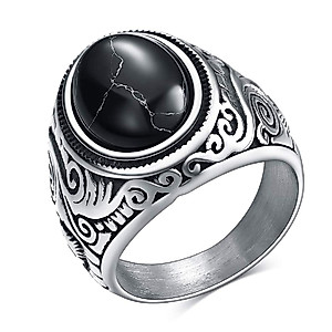 Retro Vintage Stone Rings for Men Turquoise Rings Stainless Steel Signet Biker Band Black Stone 10