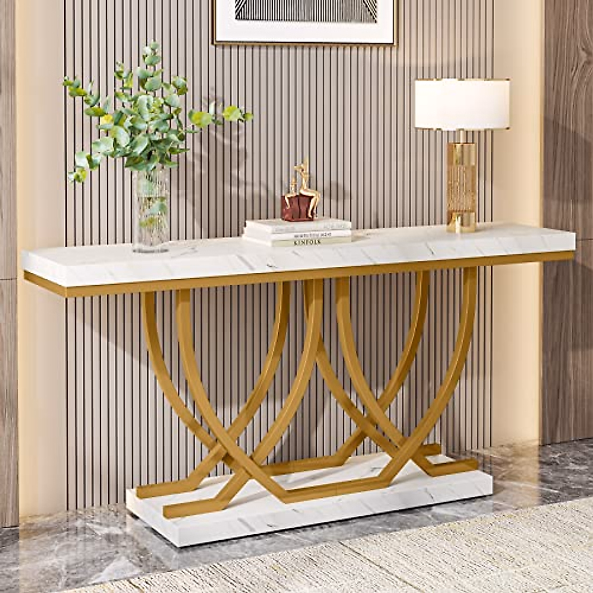 Tribesigns 59 Inch Modern Console Table, Faux Marble Entryway Table Gold Sofa Table Behind The Couch, Luxury Hallway Table Accent Table for Living Room, Entrance, Foyer, White and Gold