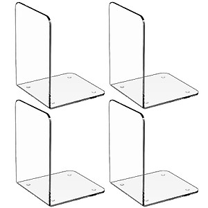MaxGear Book Ends Clear Acrylic Bookends for Shelves, Non-Skid Bookend, Heavy Duty Book End, Book Holder Stopper for Books/Movies/CDs/Video Games (2 Pairs)