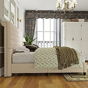 Jocisland King Size Upholstered Bed Frame and Headboard Sleigh PlatformTufted Bed/Cream