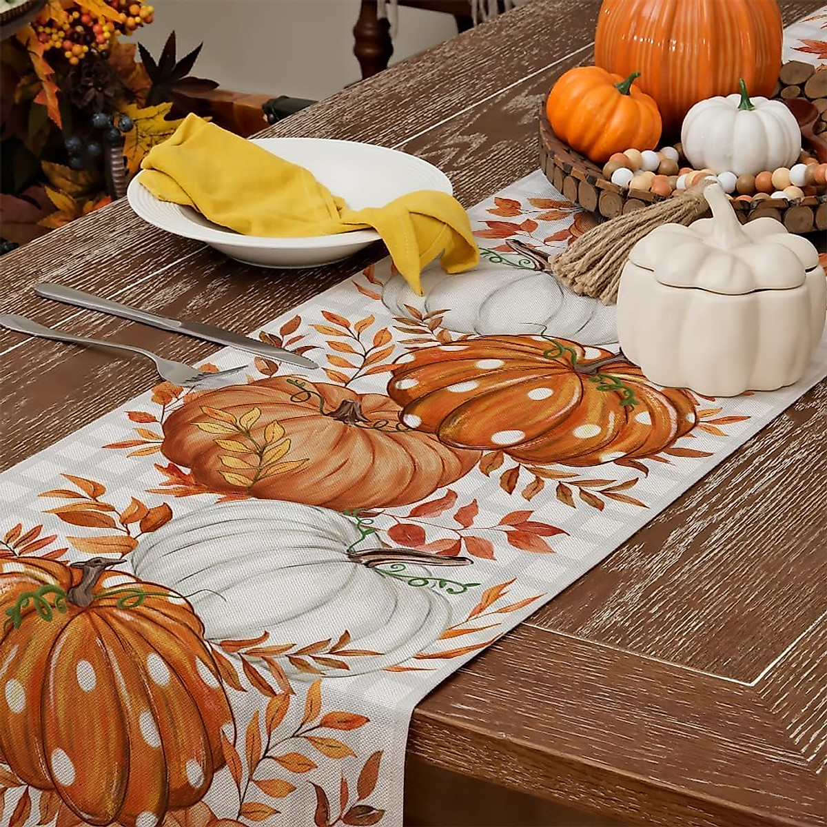 GEEORY Fall Table Runner, 13x72 Inch Pumpkins Leaves Farmhouse Table Decoration for Kitchen Dinning, Indoor Outdoor Dinner Party (Orange Pumpkins) GT124-72