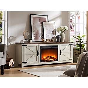 OKD Farmhouse Fireplace TV Stand for 70 75 Inch TV, Rustic Entertainment Center with 23" Electric Fireplace, Barn Door, Adjustable Shelves, Wood Media Console Cabinet for Living Room, Antique White