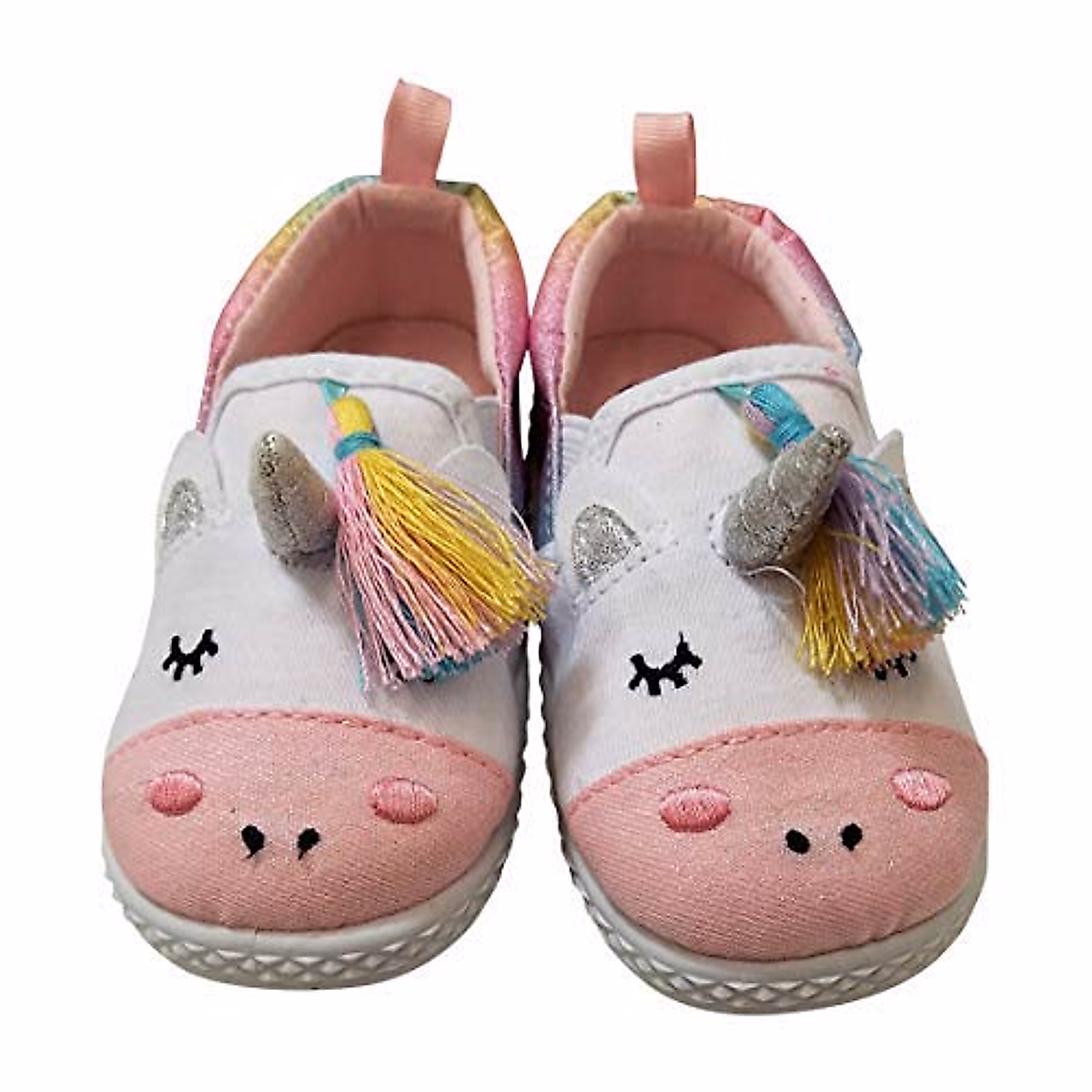 Toddler Baby Girls Canvas Unicorn Slip-On Slipper Shoes with Metallic Textile Horn and Rainbow Tassel (Size 2 M), White